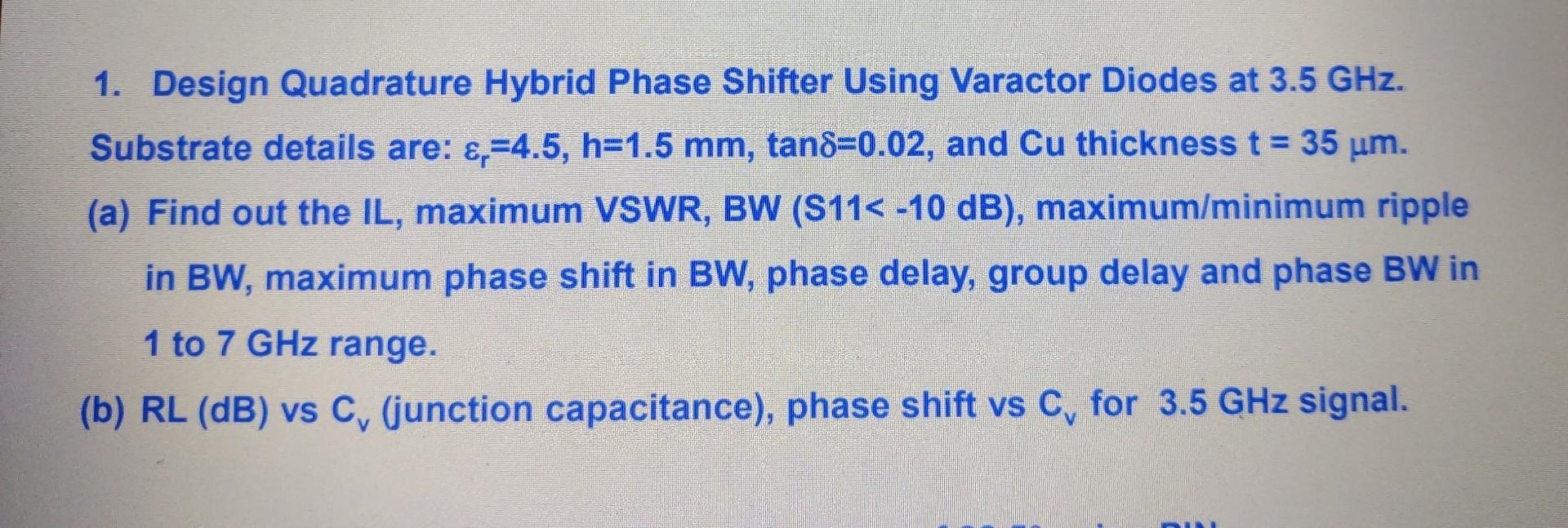 Solved 1. Design Quadrature Hybrid Phase Shifter Using | Chegg.com