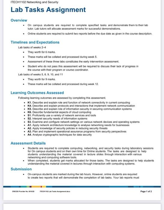 ITECH1102 Networking and Security Lab Tasks | Chegg.com