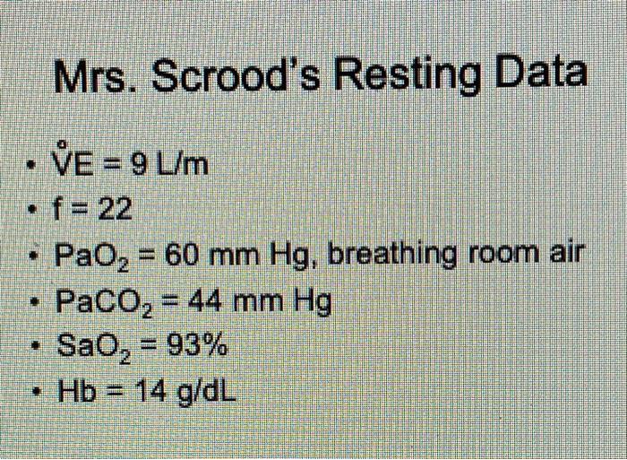 Solved Mrs. Scrood's Resting Data - V˙E=9 L/m - f=22 - | Chegg.com