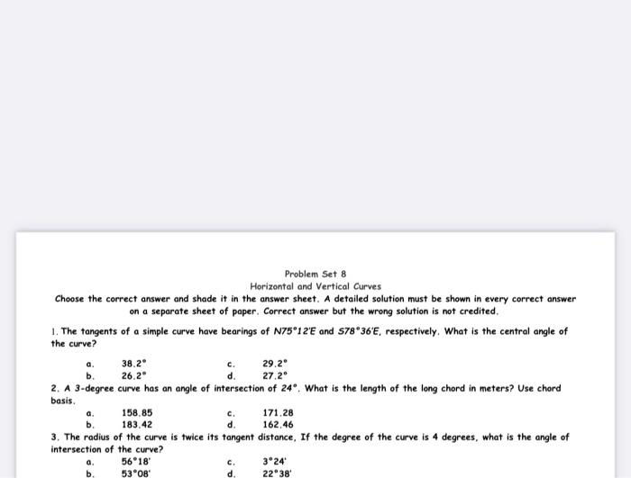 Solved Problem Set 8 Horizontal and Vertical Curves Choose | Chegg.com