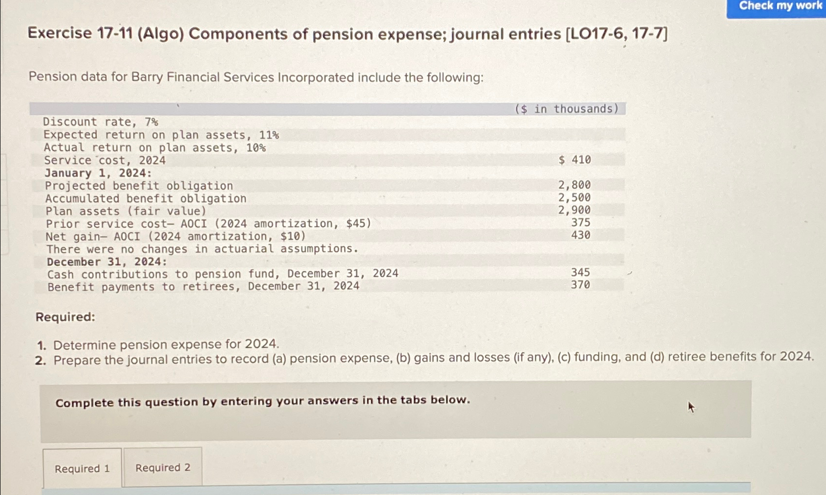 Solved Exercise 17-11 (Algo) ﻿Components of pension expense; | Chegg.com