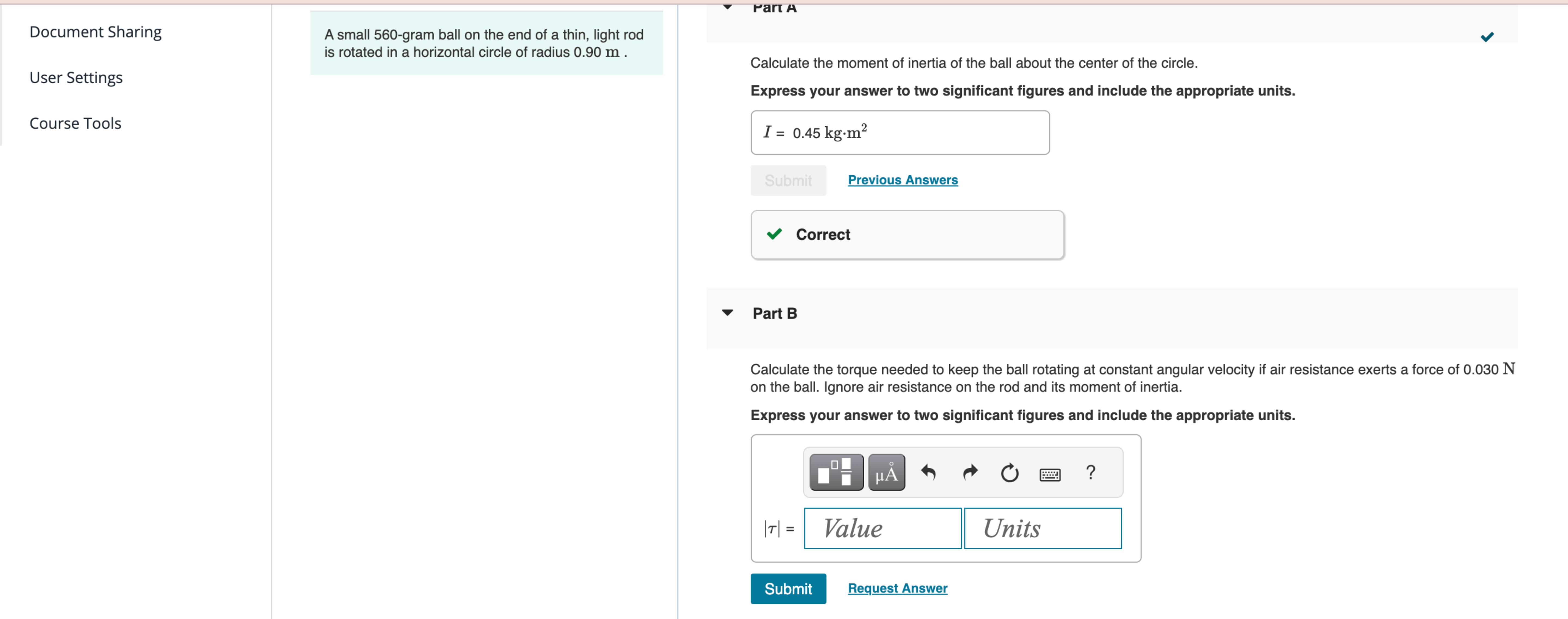 Solved Document SharingUser SettingsCourse ToolsA small | Chegg.com