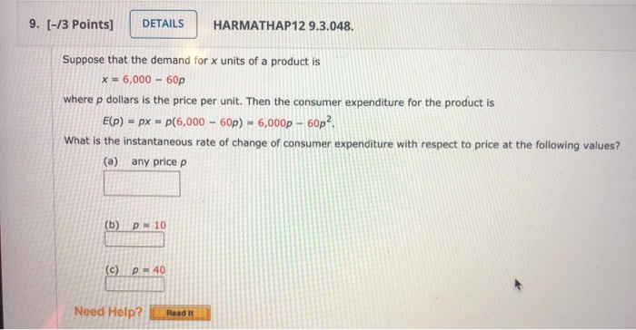 Solved 9. (-/3 Points] DETAILS HARMATHAP 12 9.3.048. Suppose | Chegg.com