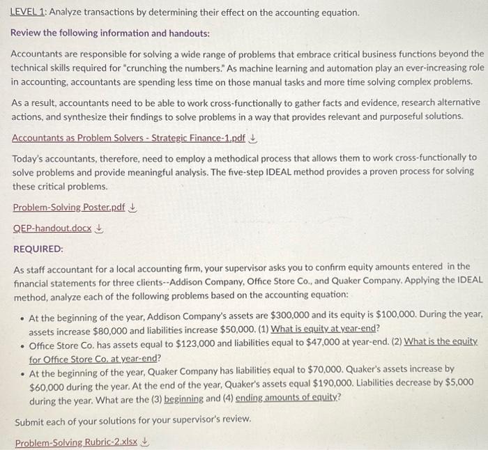 LEVEL 1: Analyze transactions by determining their | Chegg.com