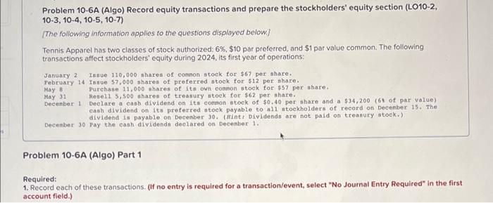 Solved Problem 10-6A (Algo) Record equity transactions and | Chegg.com