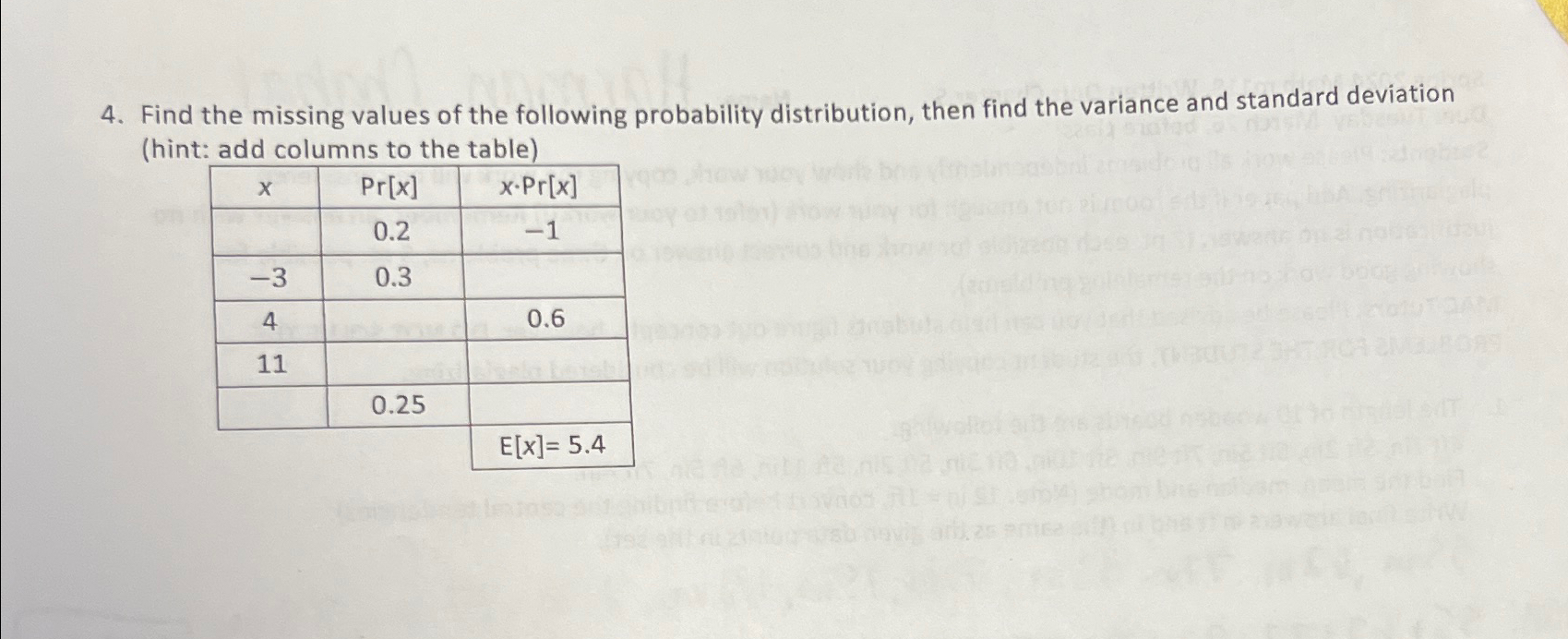 Solved Find the missing values of the following probability | Chegg.com