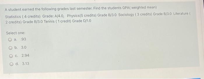 Solved A student earned the following grades last semester. | Chegg.com