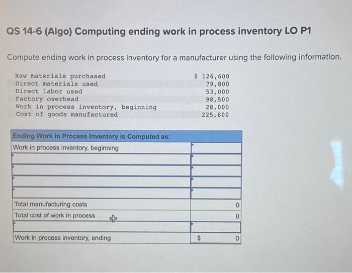 Solved QS 14-6 (Algo) Computing ending work in process | Chegg.com