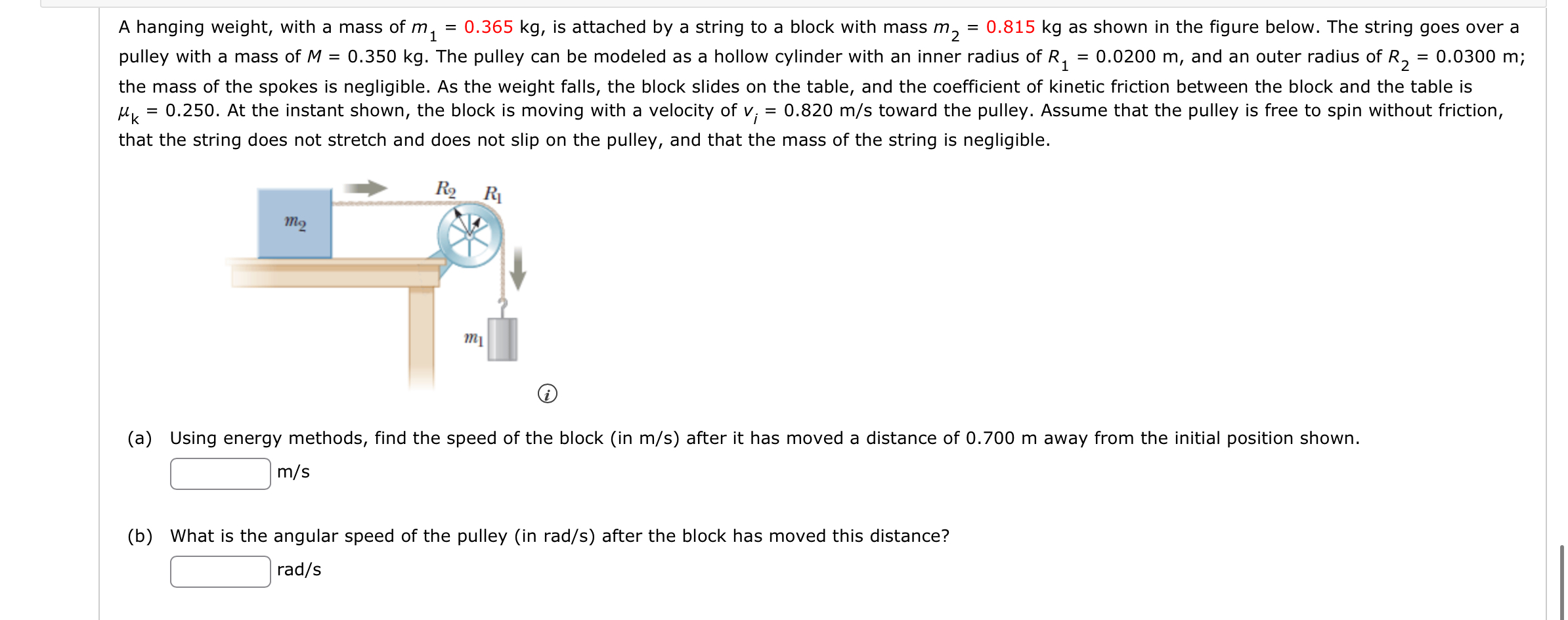 Solved A hanging weight, with a mass of m1=0.365kg, ﻿is | Chegg.com