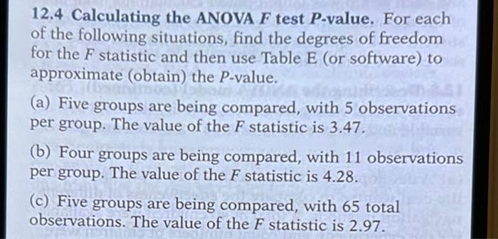 Solved 12.4 Calculating the ANOVA F test P-value. For each | Chegg.com