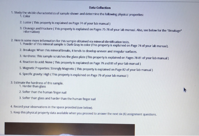 Solved Data Collection 1. Study the visible characteristics | Chegg.com