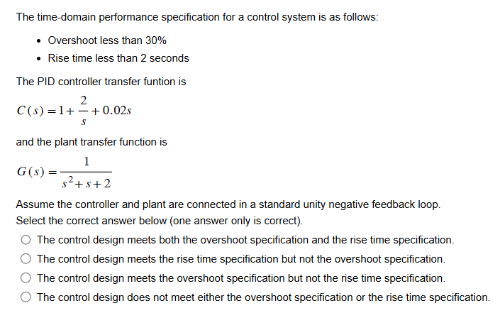 Solved The time-domain performance specification for a | Chegg.com