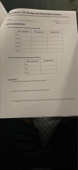Solved xperiment 10: Strong and Weak Electrolytes NE Section | Chegg.com