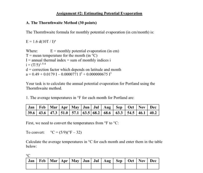 Solved Assignment \#2: Estimating Potential Evaporation A. | Chegg.com