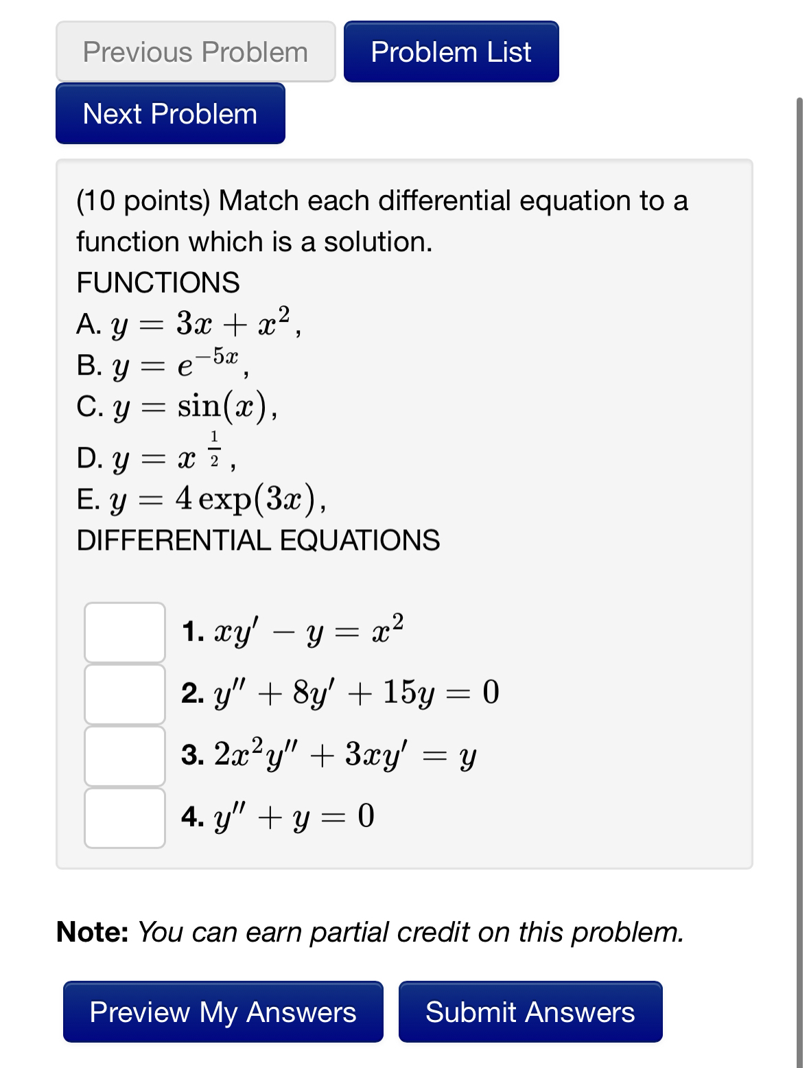 Solved Previous Problem(10 ﻿points) ﻿Match each differential | Chegg.com