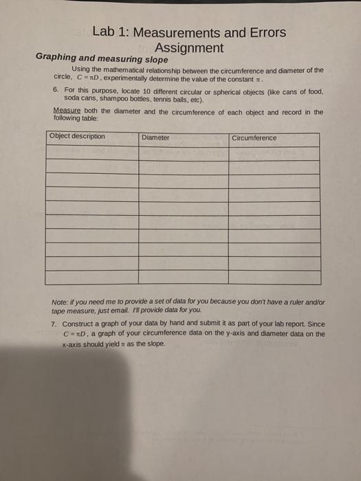 Lab 1: Measurements and Errors Assignment Graphing | Chegg.com
