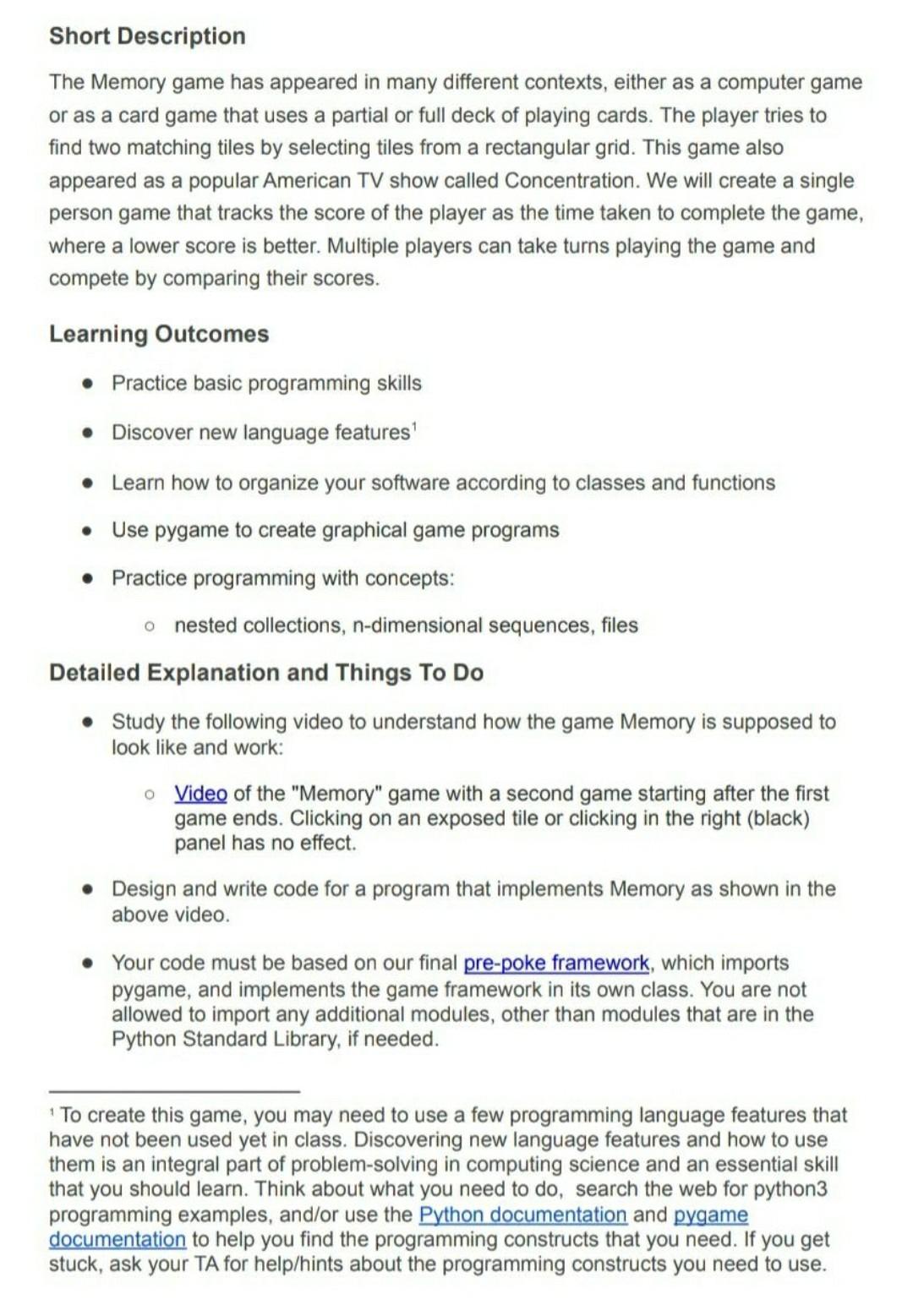 Solved Short Description The Memory game has appeared in | Chegg.com