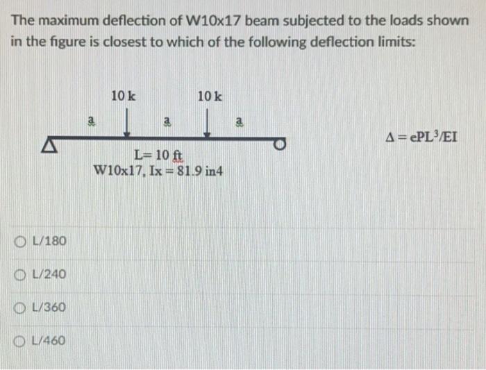 Solved The maximum deflection of W10x17 beam subjected to | Chegg.com