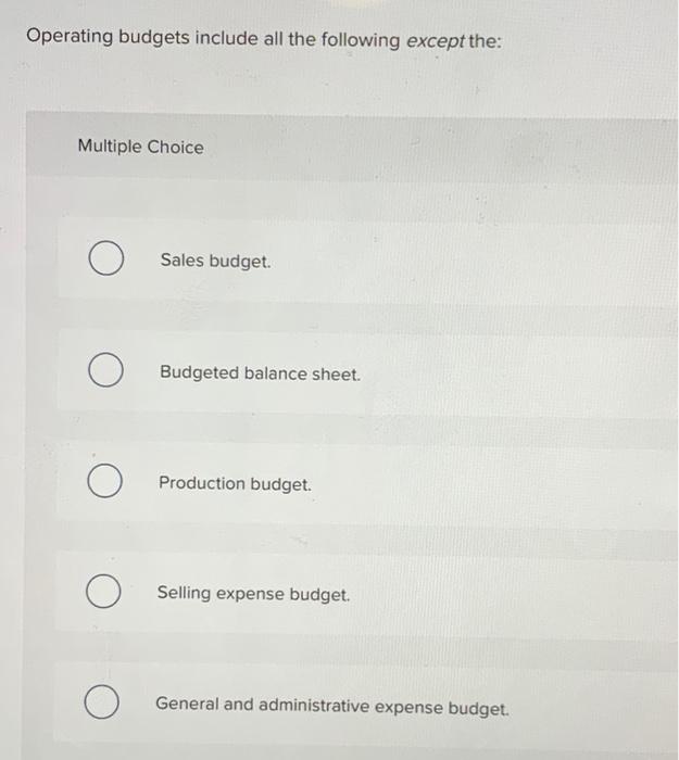 Solved Operating Budgets Include All The Following Except Chegg