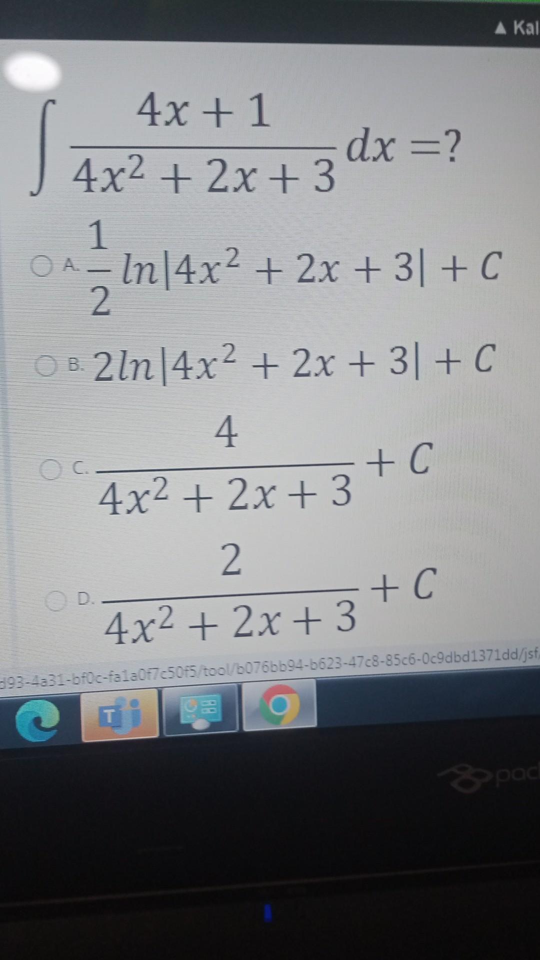 Solved ∫4x2+2x+34x+1dx=?21ln∣∣4x2+2x+3∣∣+C2ln∣∣4x2+2x+3∣∣+C4 | Chegg.com