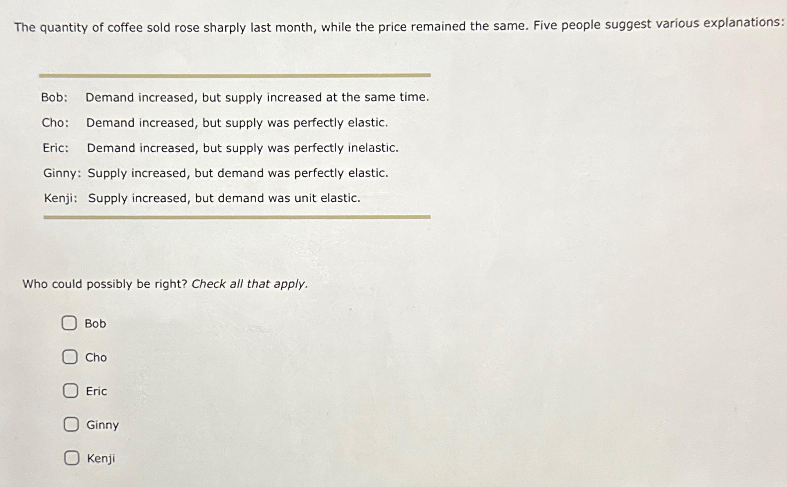 Solved The quantity of coffee sold rose sharply last month, | Chegg.com