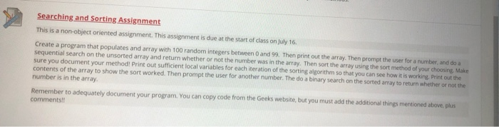 Solved Searching and Sorting Assignment This is a non-object | Chegg.com