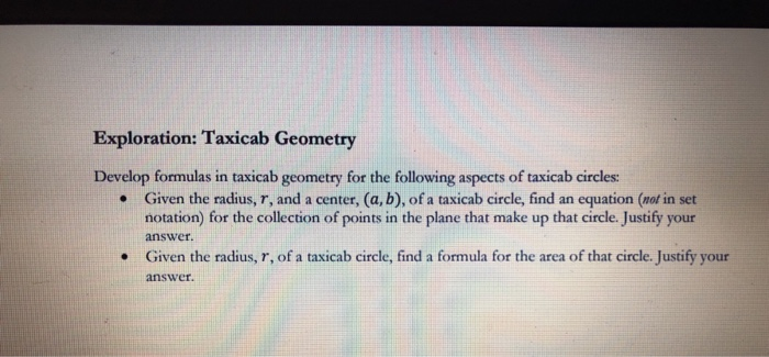 Solved Exploration: Taxicab Geometry Develop formulas in | Chegg.com