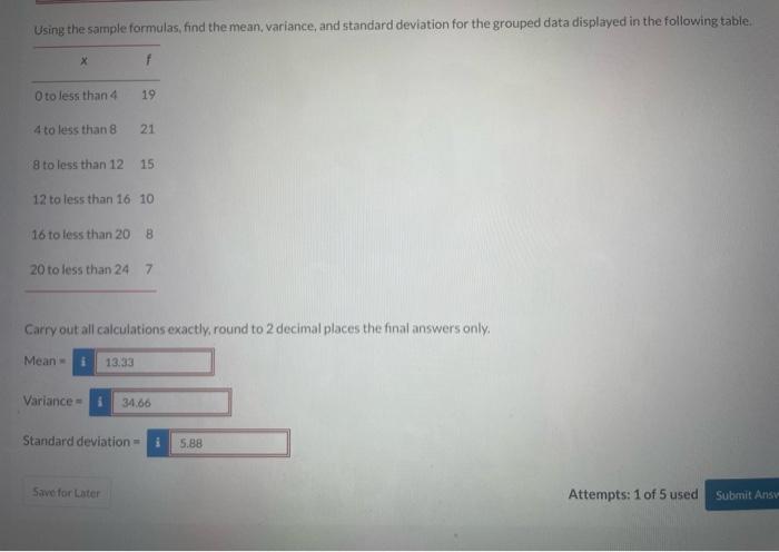 Using the sample formulas, find themean, variance, | Chegg.com