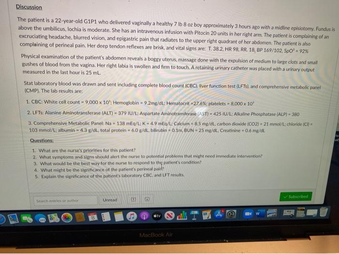 Solved Discussion The patient is a 22-year-old G1P1 who | Chegg.com