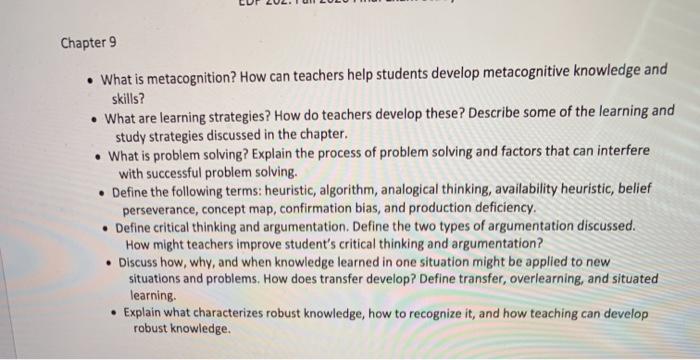 Solved Chapter 9 • What is metacognition? How can teachers | Chegg.com