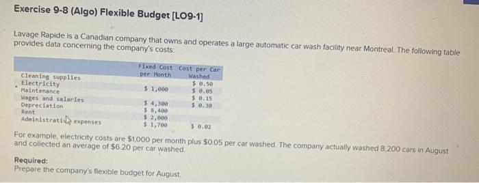 Solved Exercise 9-8 (Algo) Flexible Budget [LO9-1] Lavage | Chegg.com