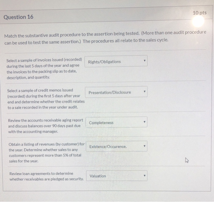 Solved 10 pts Question 16 Match the substantive audit | Chegg.com