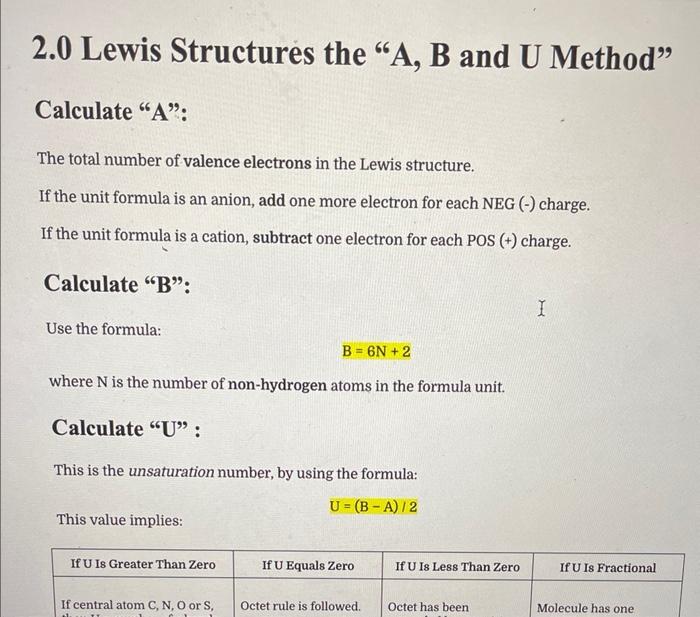 Solved 2.0 Lewis Structures the 66A,B and U Method Calculate | Chegg.com