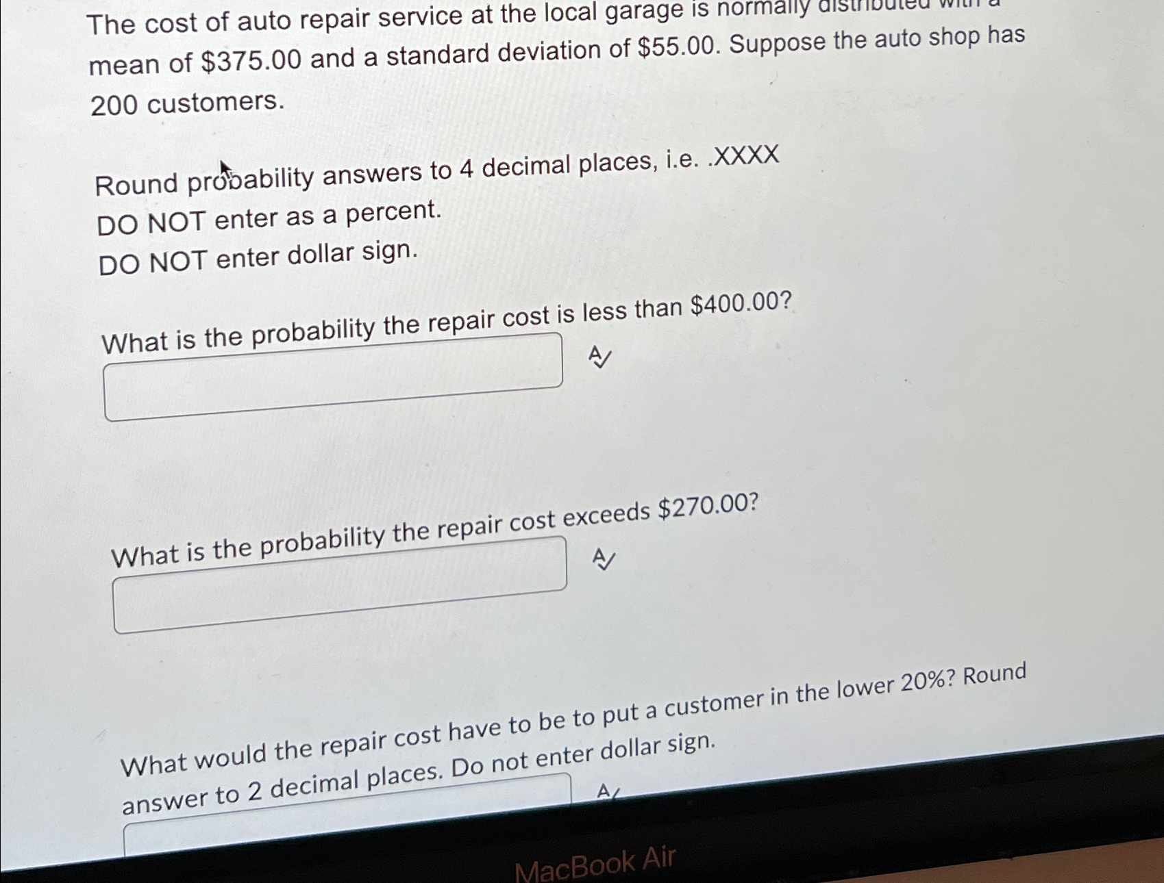 Solved The cost of auto repair service at the local garage | Chegg.com