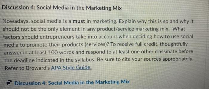 Solved Discussion 4: Social Media in the Marketing Mix | Chegg.com