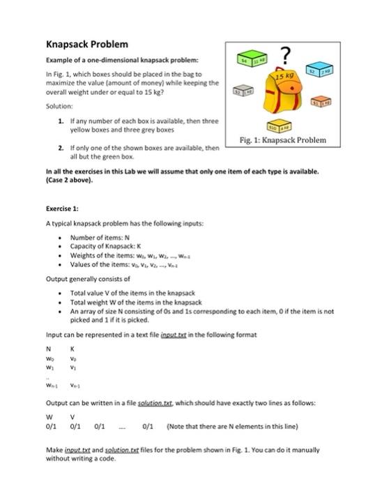 Solved 15 kg Knapsack Problem ? Example of a one-dimensional | Chegg.com
