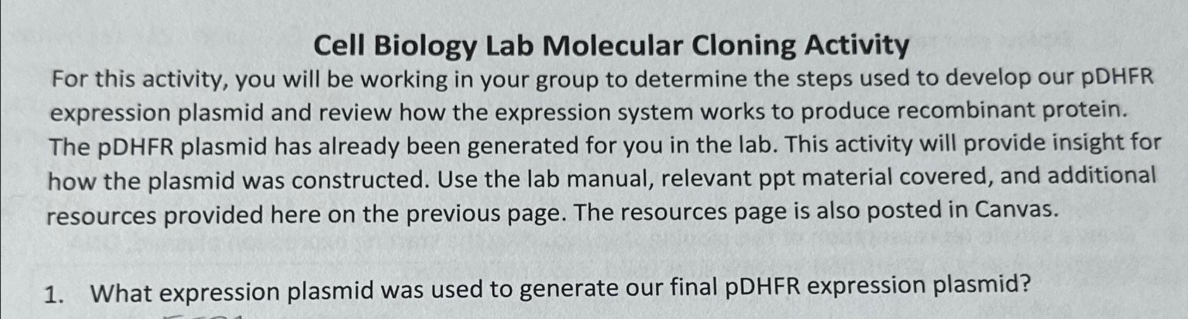 Solved Cell Biology Lab Molecular Cloning ActivityFor this | Chegg.com