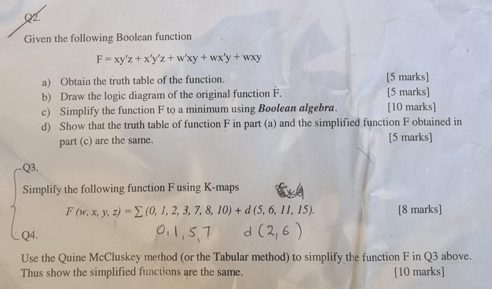 Solved Given the following Boolean function | Chegg.com