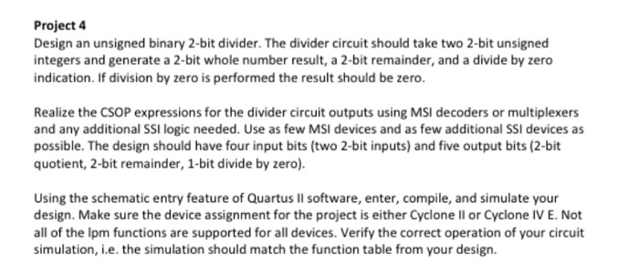 Project 4 Design an unsigned binary 2-bit divider. | Chegg.com