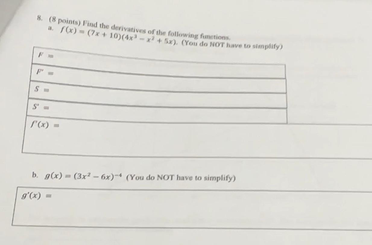 Solved Find the derivatives of the following | Chegg.com