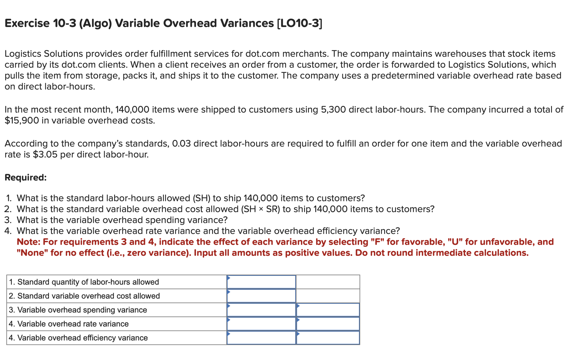 Exercise 10-3 (Algo) ﻿Variable Overhead Variances | Chegg.com