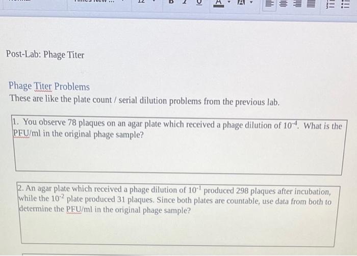 Solved Post-Lab: Phage Titer Phage Titer Problems These are | Chegg.com
