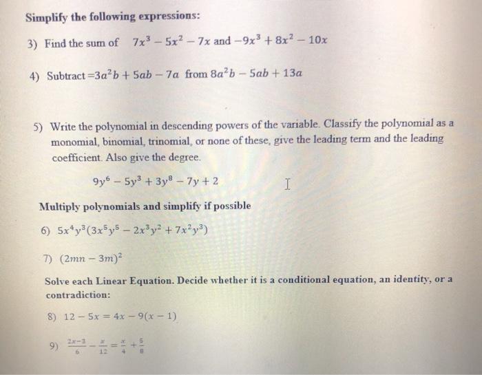 Solved Simplify the following expressions: 3) Find the sum | Chegg.com