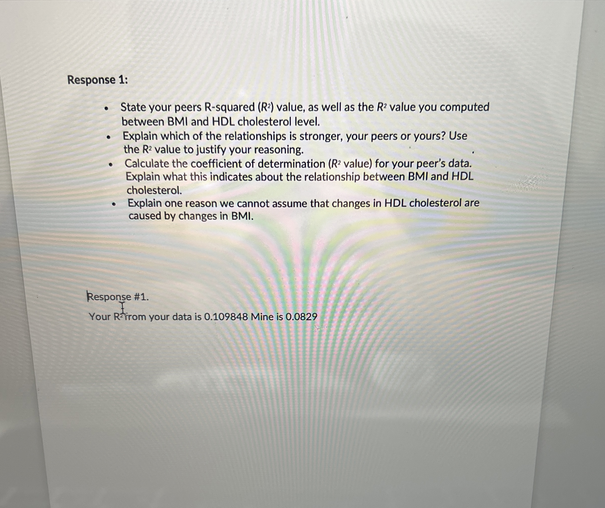 Solved Response 1:State your peers R-squared (R2) ﻿value, as | Chegg.com