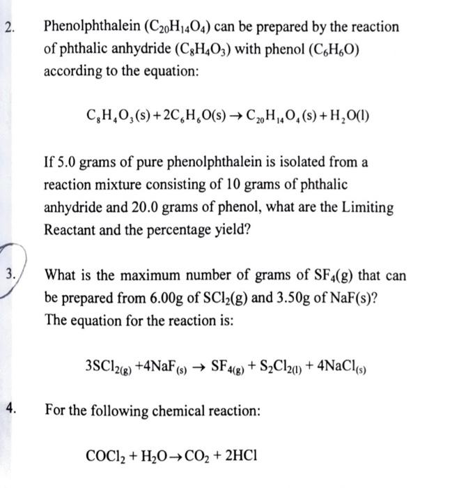 Solved 2. Phenolphthalein (C20H14O4) can be prepared by the | Chegg.com