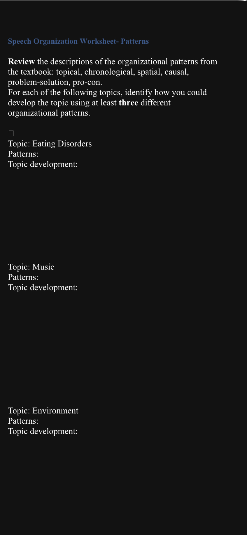 Solved Speech Organization Worksheet- ﻿PatternsReview the | Chegg.com