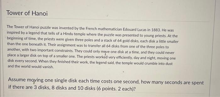 Solved The Tower of Hanoi puzzle was invented by the French | Chegg.com