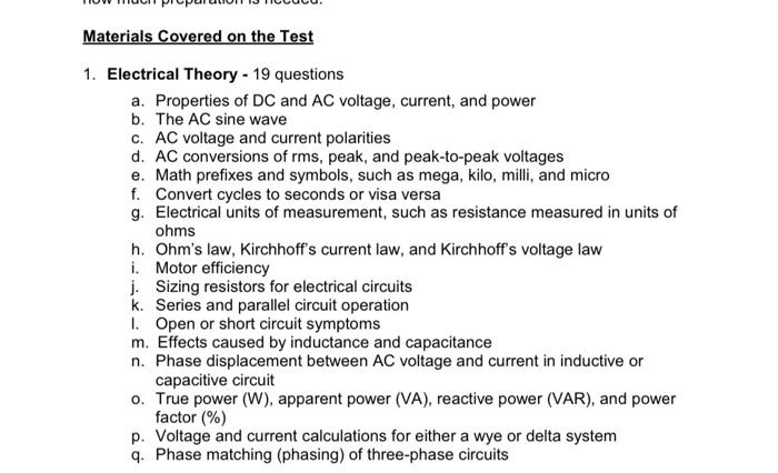 Solved laterials Covered on the Test Electrical Theory - 19 | Chegg.com