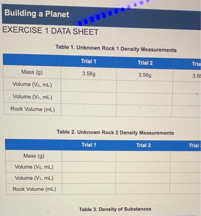 Solved Building a Planet EXERCISE 1 DATA SHEET Table 1. | Chegg.com
