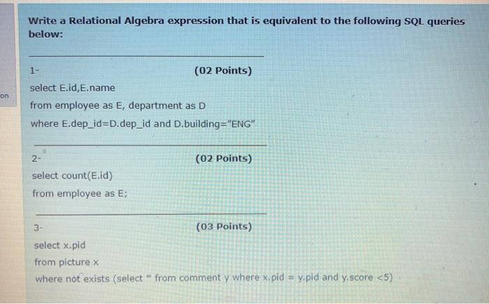 Solved Write a Relational Algebra expression that is | Chegg.com